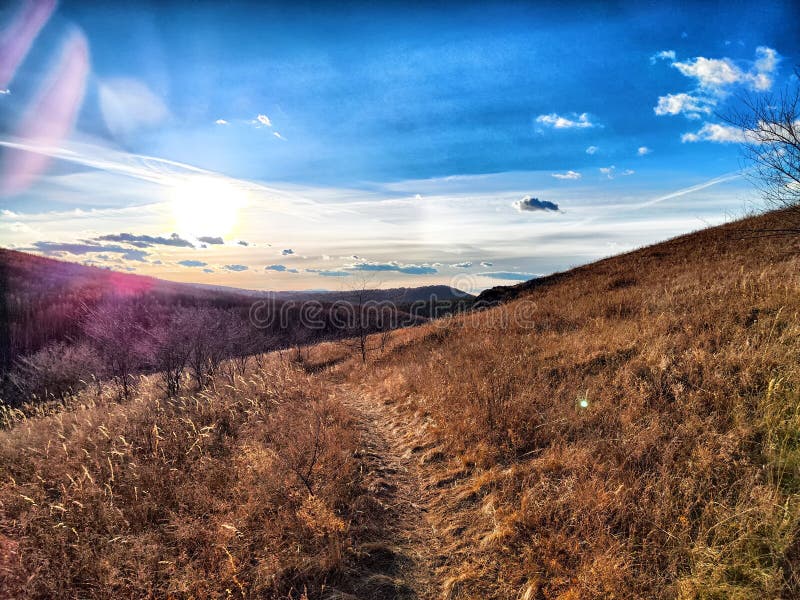 Sunset Over Rolling Hills with a Winding Pathway in a Grassy Landscape ...
