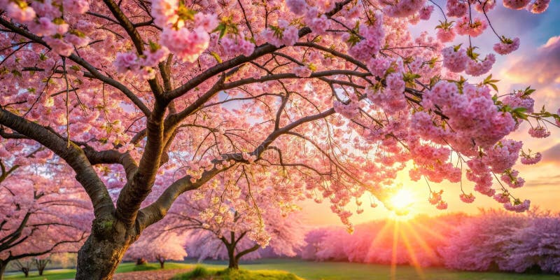 Serene Sunset Illuminating a Blossoming Pink Tree Canopy. Generative AI ...