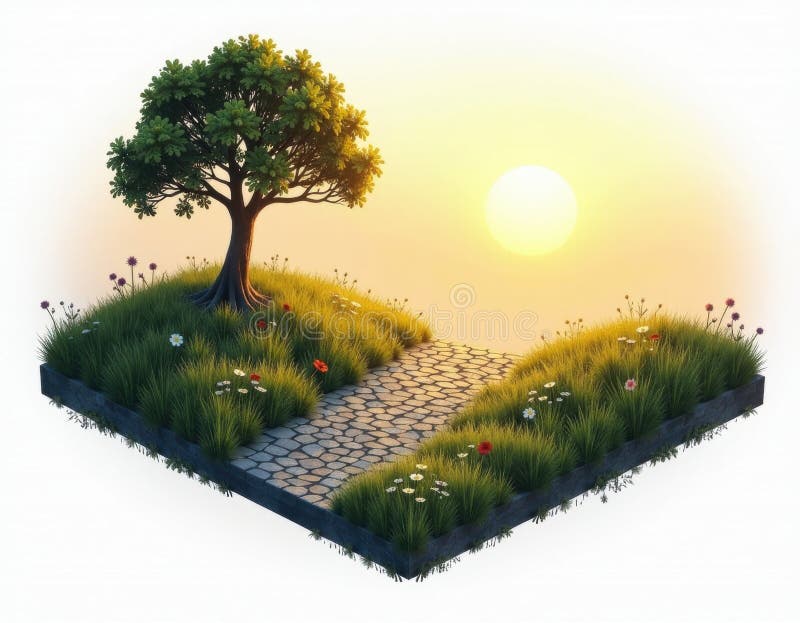 Serene Sunset Island Tree, Cobblestone Path, and Wildflowers Stock ...