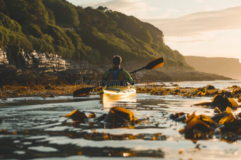 Serene Sunset Kayaking Adventure in a Scenic Coastal Landscape Stock ...