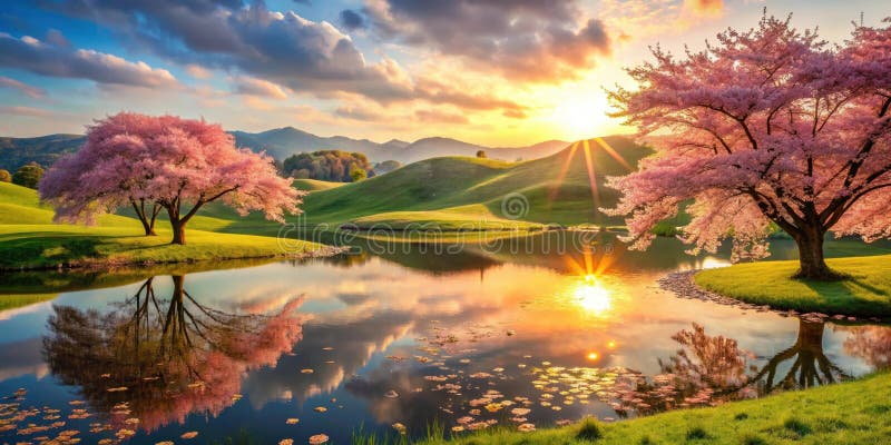 Serene Sunset Landscape with Blossoming Trees Reflected in Calm Water ...