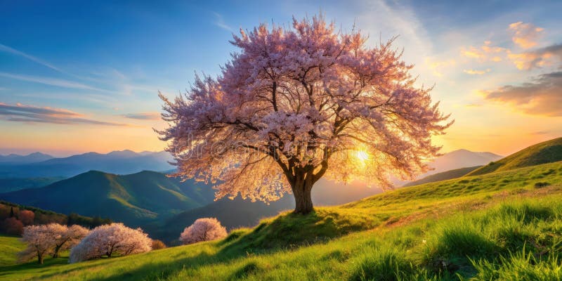Serene Sunset Landscape Featuring a Blossoming Tree on a Hilltop ...
