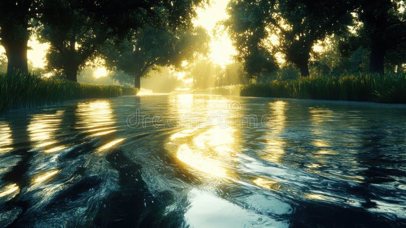 Serene Sunset Landscape, Golden Sunlight Reflecting on Water, Trees ...