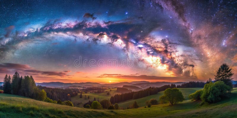 Serene Sunset Landscape Underneath a Vivid Night Sky Displaying the ...