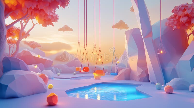 Serene Sunset Low Poly Playground with Swings and Reflective Pool Stock ...