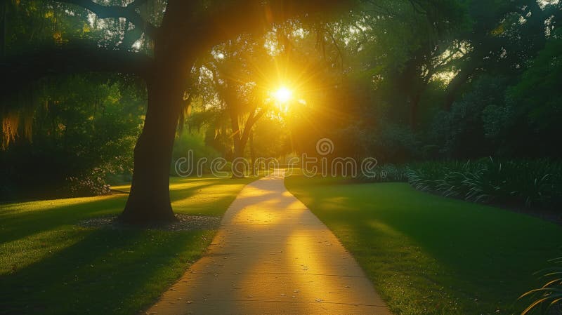 Serene Sunset on a Lush Pathway in the Park. Stock Image - Image of ...