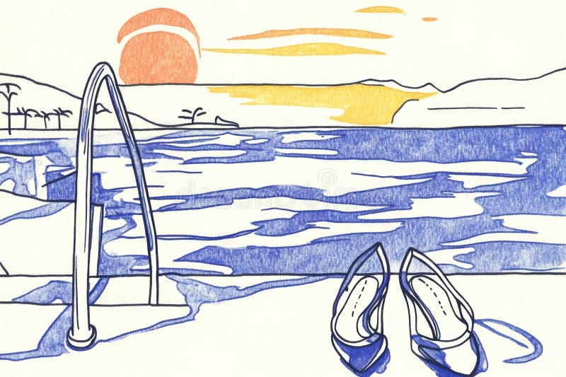 Serene Sunset by the Ocean with Shoes on a Poolside Stock Photo - Image ...