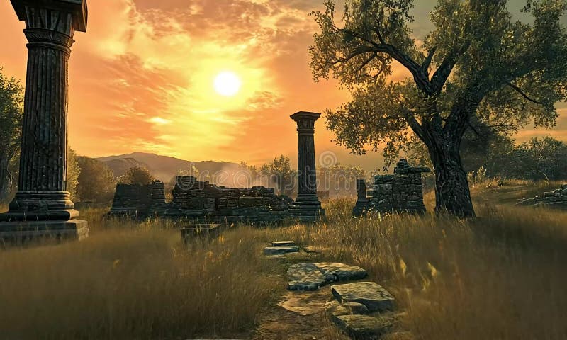 Serene Sunset Over Ancient Ruins with Columns and a Lush Tree, Evoking ...