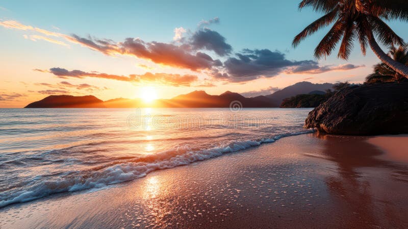 Serene Sunset Over a Beach Featuring Palm Trees and Gentle Waves. Stock ...