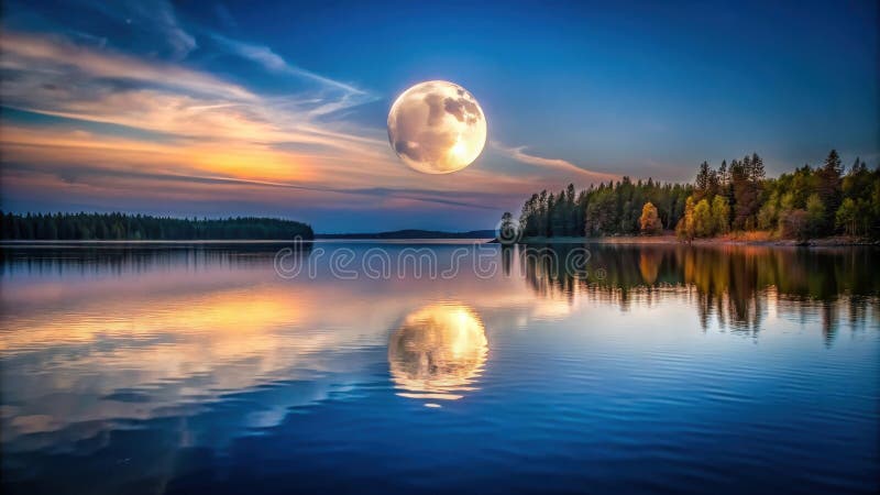 Serene Sunset Over Calm Lake with Full Moon Reflection. Generative AI ...