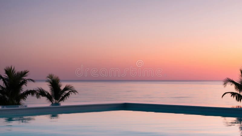 Serene Sunset Over Calm Ocean with Infinity Pool. Stock Photo - Image ...