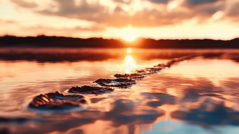 Serene Sunset Over Calm Water with Rippled Reflections Stock Photo ...