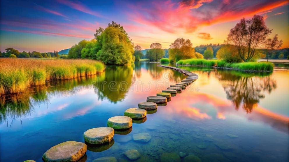 Serene Sunset Over Calm Water with Stepping Stones Path. Generative AI ...