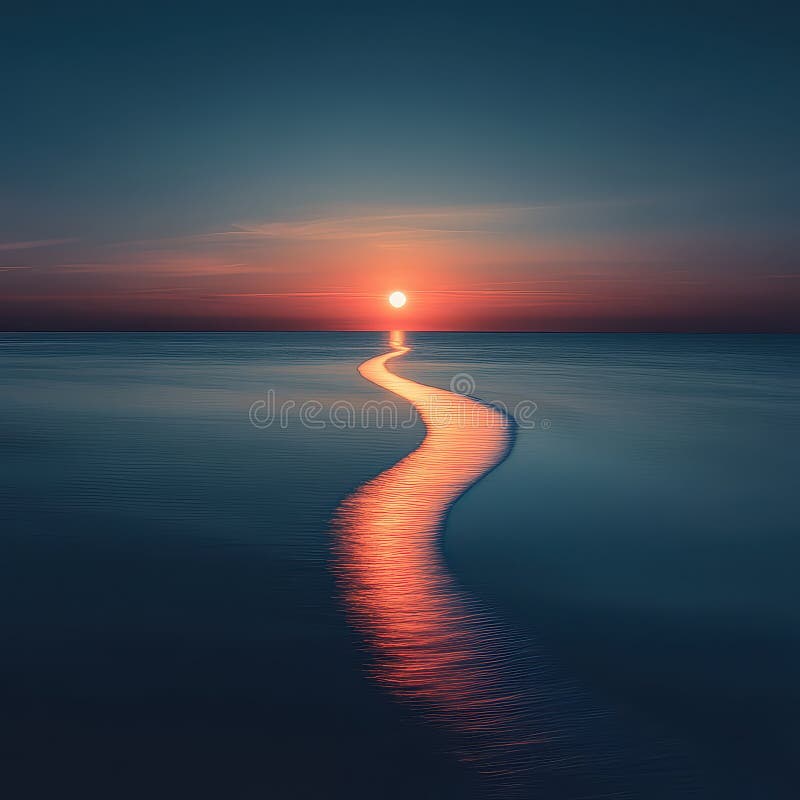 Serene Sunset Over Calm Waters with Reflective Path of Light Stock ...