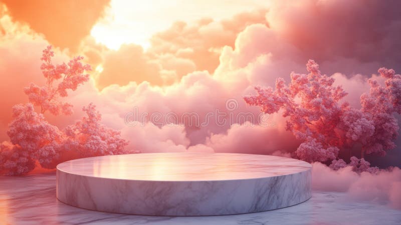 Serene Sunset Over Cloudy Landscape with Marble Platform Dreamy ...
