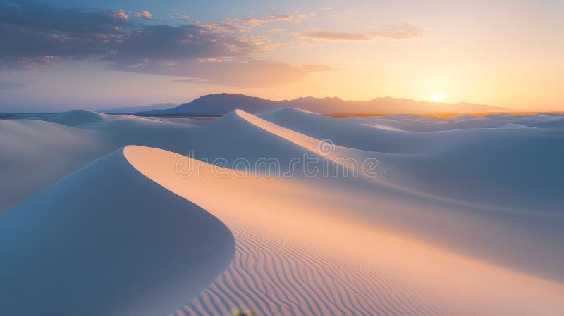 Serene Sunset Over Desert Dunes with Warm Glow and Soft Shadows Stock ...
