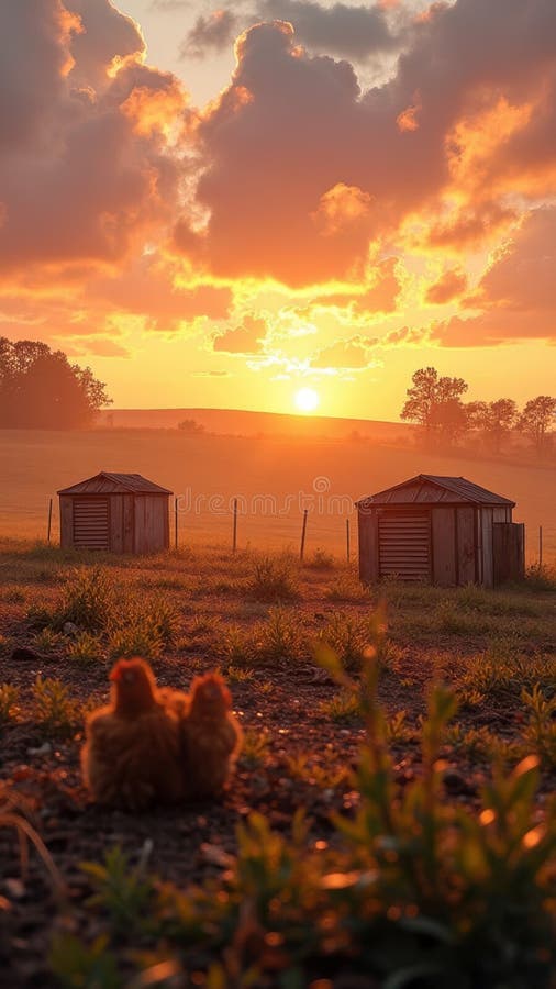 Serene Sunset Over Farm Landscape with Silhouetted Chickens and Sheds ...
