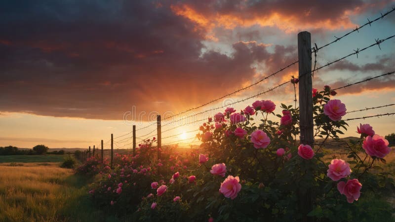 Romantic Sunset Over Rose Garden with Barbed Wire Fence Stock ...