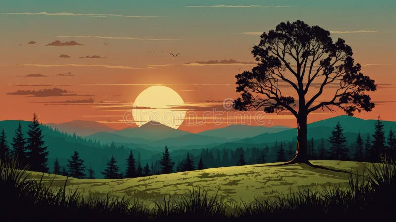 Serene Sunset Over Hills stock illustration. Illustration of nature ...