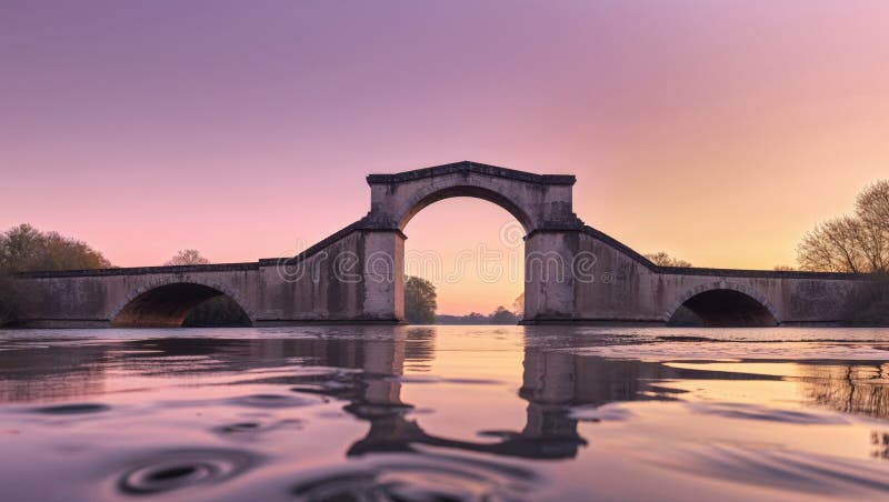 Serene Sunset Over Historic Stone Bridge with Reflection in Calm Water Stock Image - Image of ...