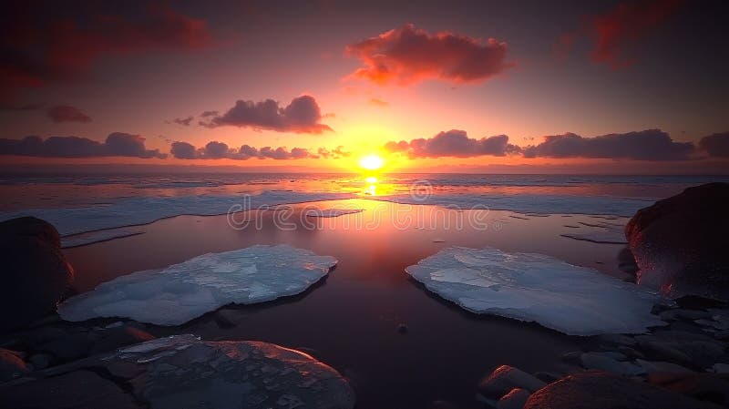 Serene Sunset Over Icy Waters with Reflections and Soft Clouds Stock ...