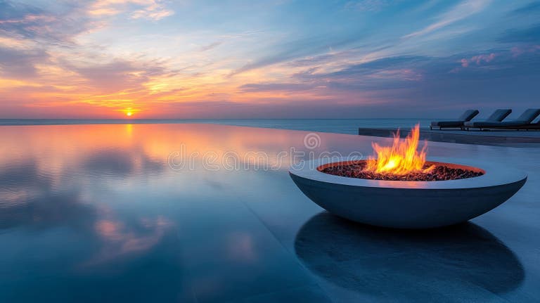 Serene Sunset Over an Infinity Pool with a Fire Pit and Ocean View ...