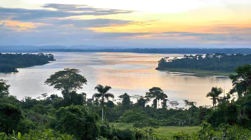 Serene Sunset Over Lush Amazon Rainforest River AI Generated. Stock ...