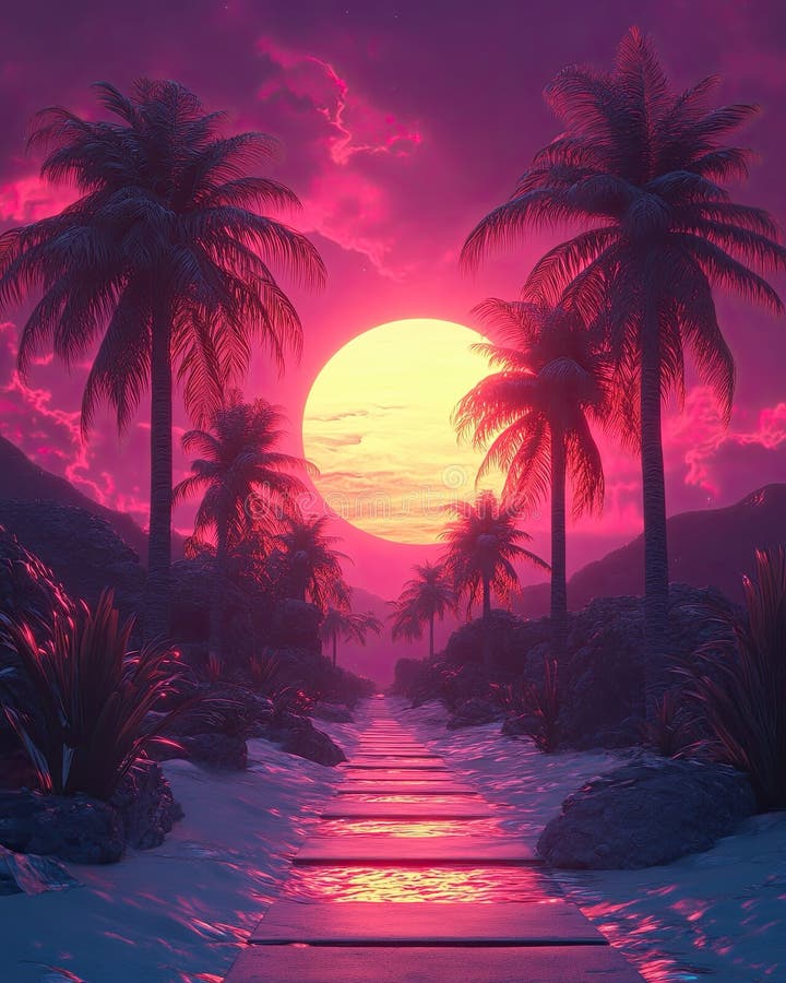 Serene Sunset Over Palm Trees, Casting Vibrant Colors on Tropical Beach ...