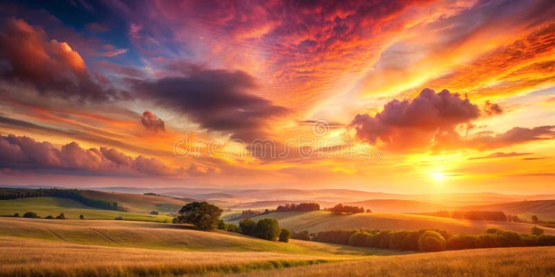 Serene Sunset Over Rolling Hills and Golden Fields. Generative AI Stock ...