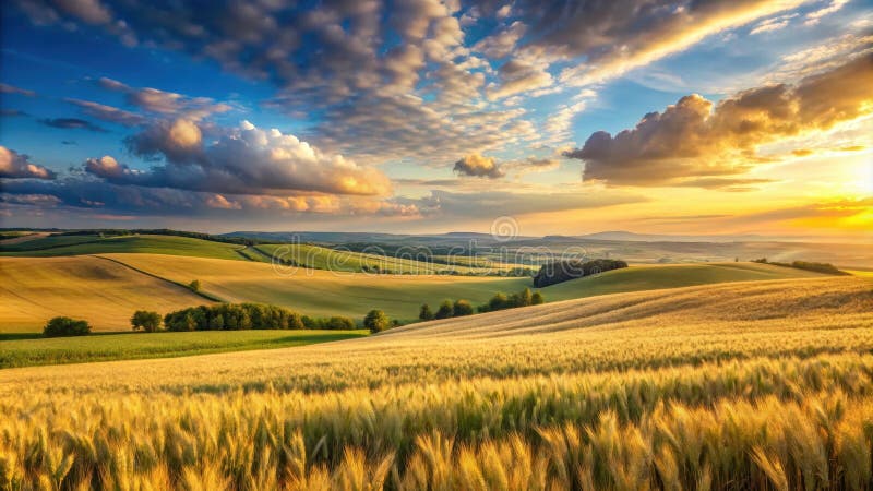 Serene Sunset Over Rolling Hills of Golden Wheat Fields. Generative AI Stock Illustration ...