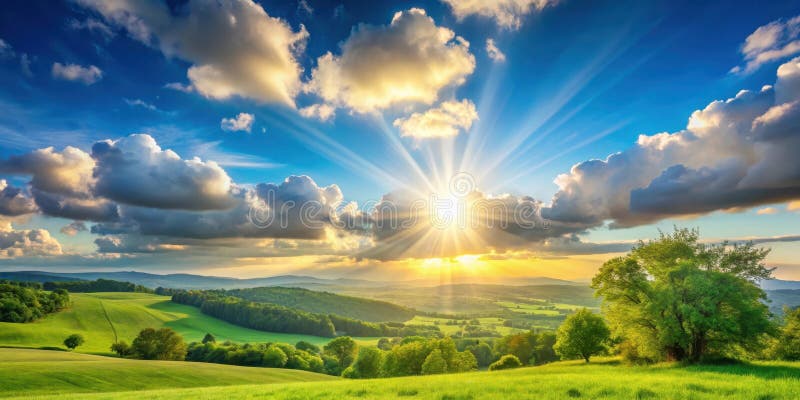 Serene Sunset Over Rolling Hills and Lush Green Fields with Sun Rays ...