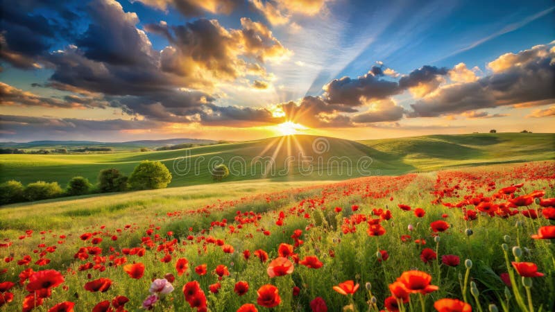 Serene Sunset Over Rolling Hills and Vivid Poppy Field. Generative AI ...