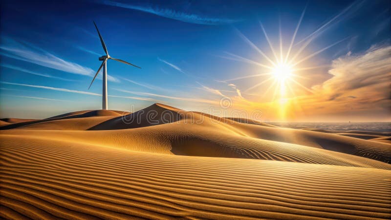 Serene Sunset Over Sand Dunes with a Wind Turbine Generating Clean ...