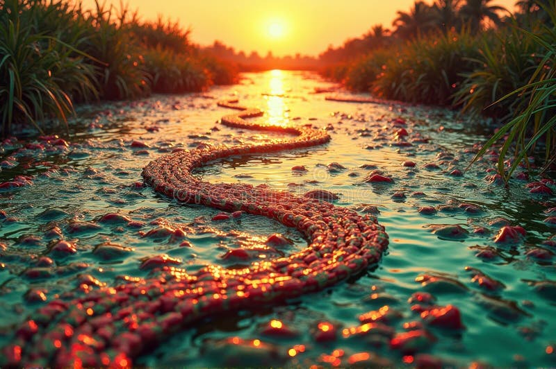 Serene Sunset Over Snake-like River with Vibrant Pebbles Stock Image ...