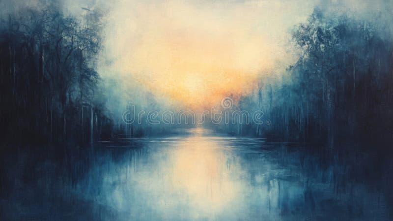 Serene Sunset Over Still Lake with Misty Trees Stock Illustration ...