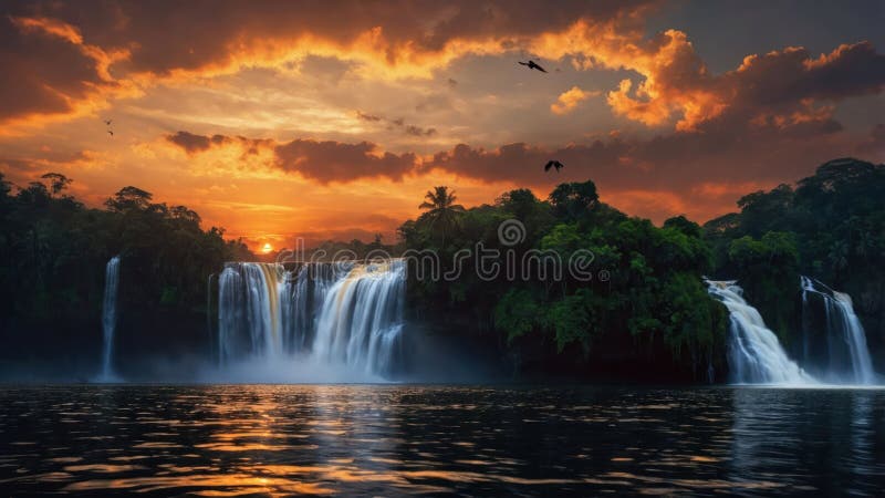 Majestic Waterfall Sunset Over Lush Tropical Landscape Stock ...