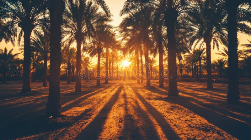A Serene Sunset among Palm Trees Casting Long Shadows on Sandy Ground ...