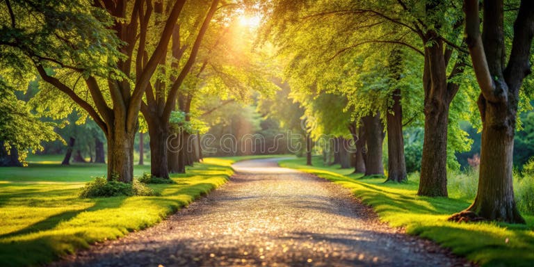 Serene Sunset Path through a Lush, Green Tree-lined Driveway ...