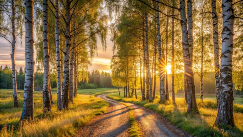Serene Sunset Pathway through a Birch Tree Grove. Generative AI Stock ...
