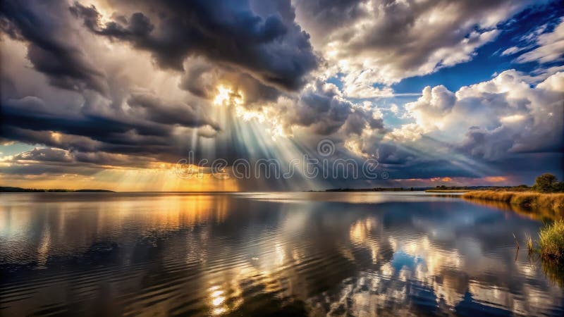 Serene Sunset Rays Breaking through Dramatic Storm Clouds Reflected on ...