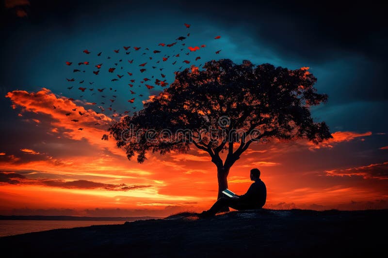 Serene Sunset Reading Scene with Silhouetted Tree and Flock of Birds in ...