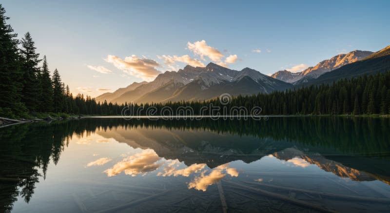 Serene Sunset Reflection on Calm Alpine Lake Stock Illustration ...