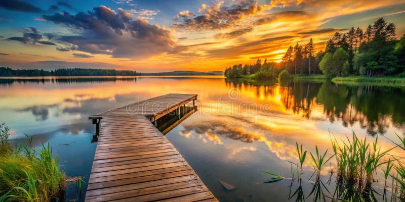 Serene Sunset Reflection on Calm Lake Water with Wooden Dock ...