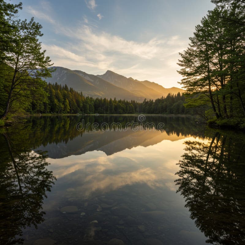 Serene Sunset Reflection on Calm Mountain Lake Stock Illustration ...