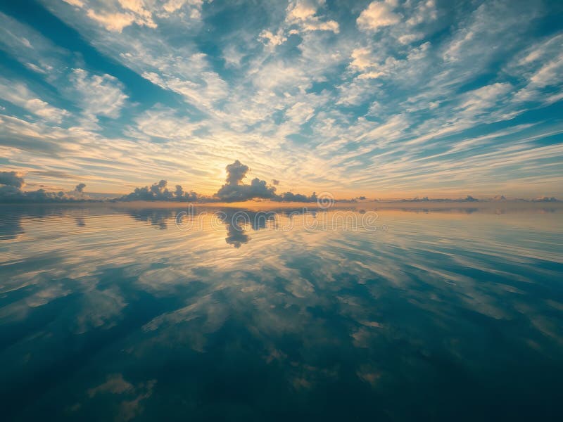 Serene Sunset Reflection Calm Ocean Water Mirrors Vibrant Sky at Dawn ...