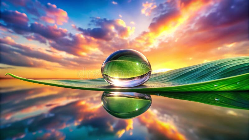 Serene Sunset Reflection Glass Orb on a Leaf at Golden Hour. Generative ...