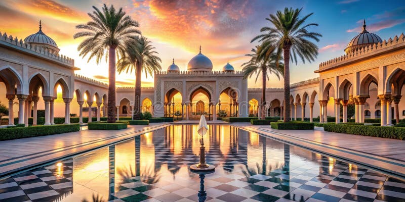 Serene Sunset Reflection in a Grand Courtyard with Palm Trees and ...
