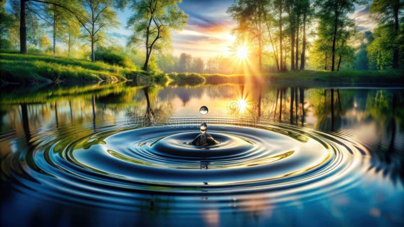Serene Sunset Reflection a Single Drop Creates Ripples on a Calm Lake ...