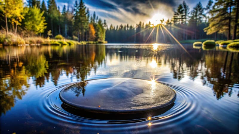 Serene Sunset Reflection on a Still Pond with a Circular Stone ...