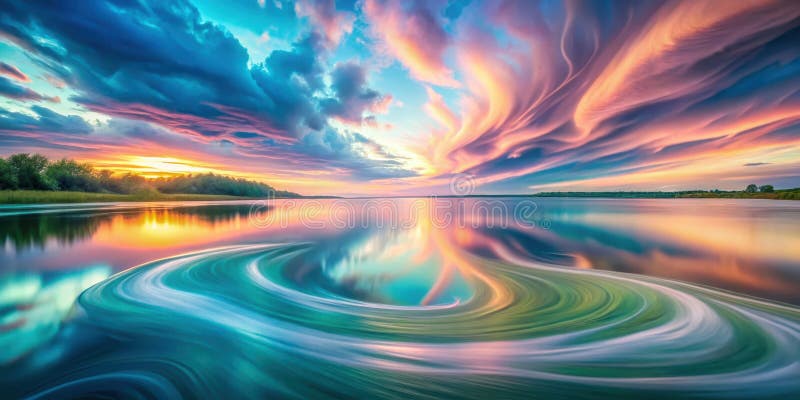 Serene Sunset Reflection with Whirlwind Water Effect on a Calm Lake ...
